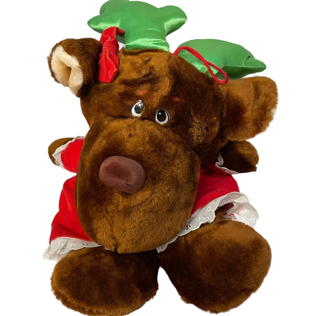 Vintage Moose Reindeer Plush Stuffed Animal Hangtoy Brown Red Dress ...
