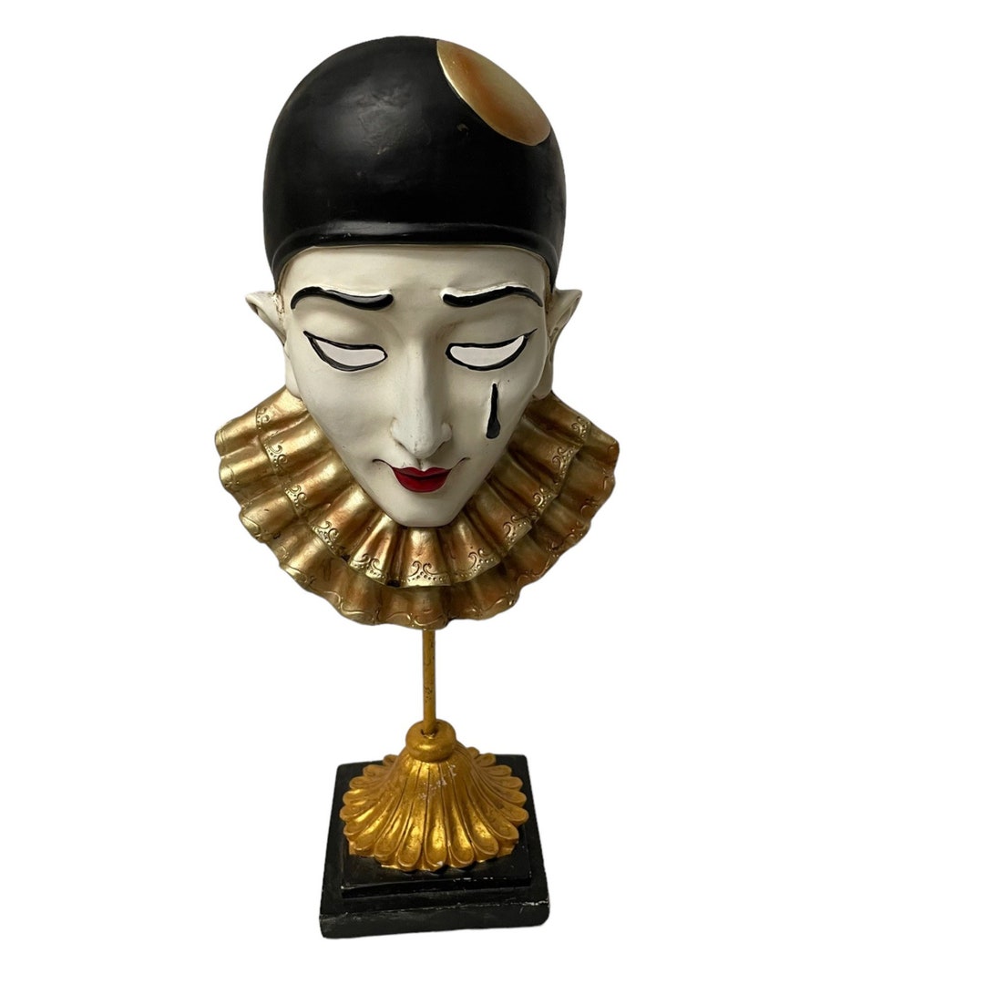Harlequin Pierrot Clown Head Mask on a Stick Gold Collar Black Pedestal ...