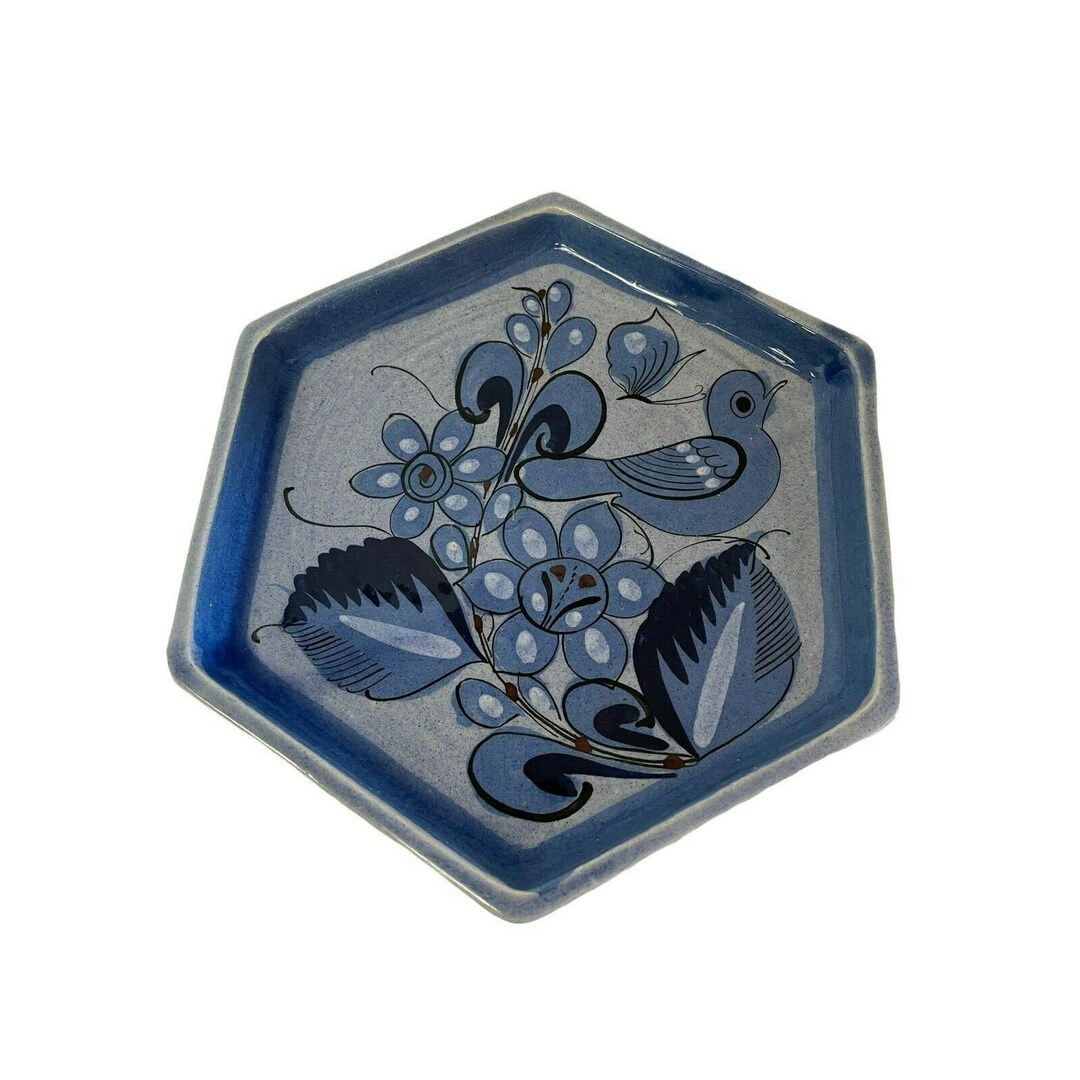Vintage Tonala Mexican Pottery Hexagonal 8 Plate With Bird Flower ...
