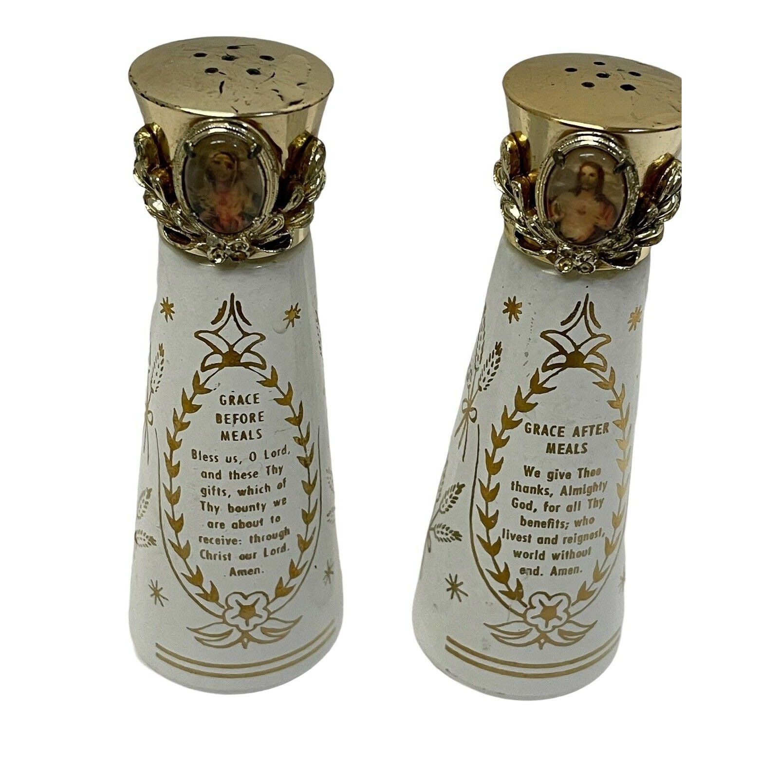 Vintage Religious White Glass Salt & Pepper Shakers Set With Prayers 4 ...