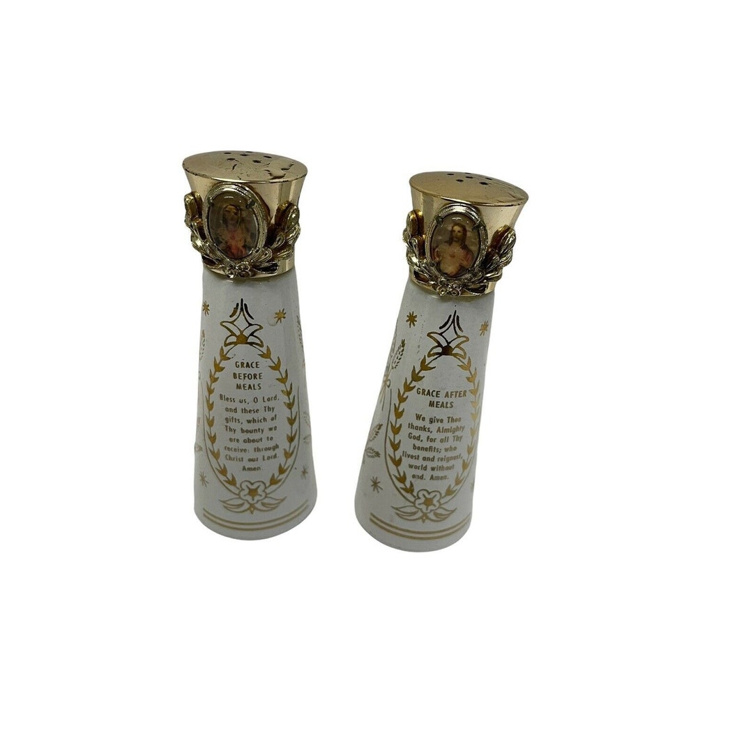 Vintage Religious White Glass Salt & Pepper Shakers Set With Prayers 4 ...