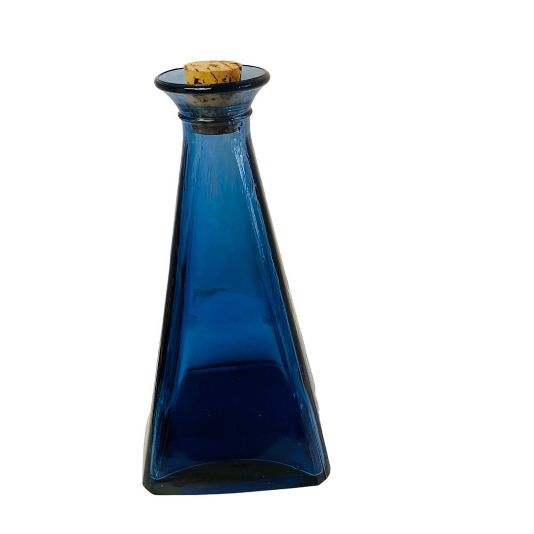 Vintage Blue Glass Pyramid Bottle With Cork Stopper - Etsy