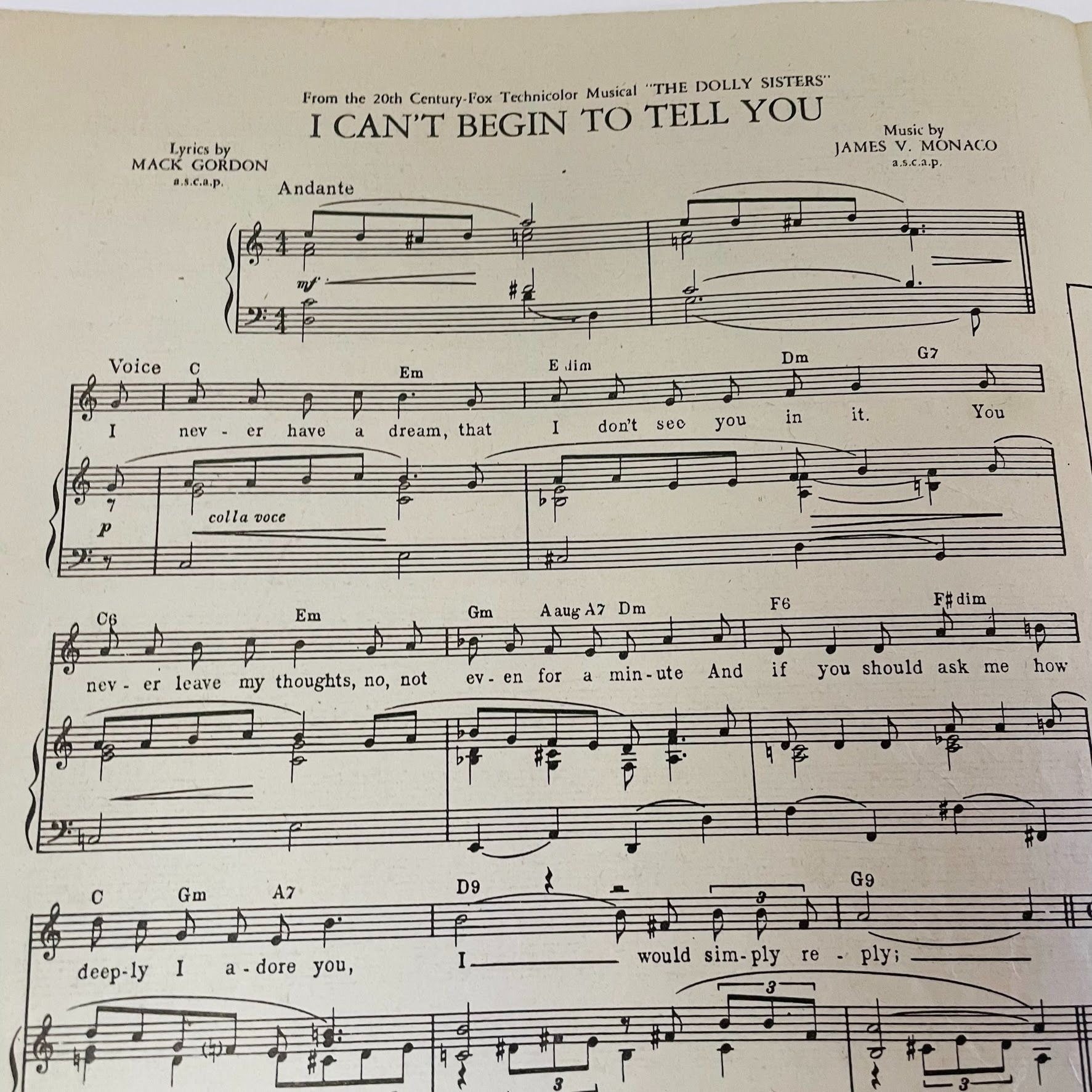 Vintage Mack Gordon James V Monaco Sheet Music Can't Begin to Tell You ...