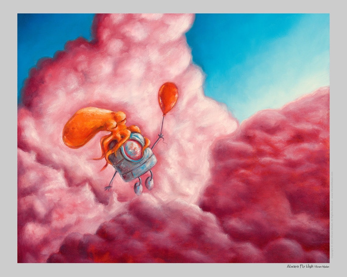 Always Fly High Fun Robot & Octopus Print | Etsy