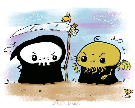 Lil' Reaper Vs. Lil' Cthulhu Fun Print | Etsy