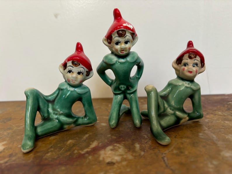 Vintage Elf Figurines, Holiday Elf Pixie Set, Collectible Asian Dolls ...