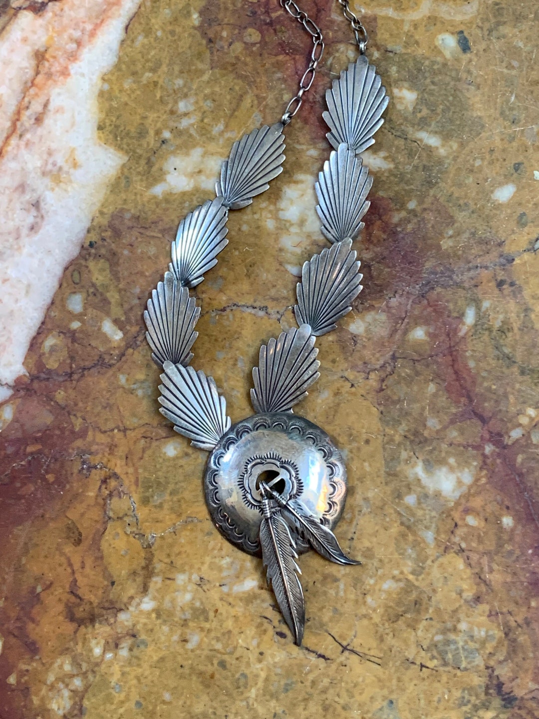 Vintage Sterling Silver Navajo Feather Necklace, Scalloped Shells, Hand ...