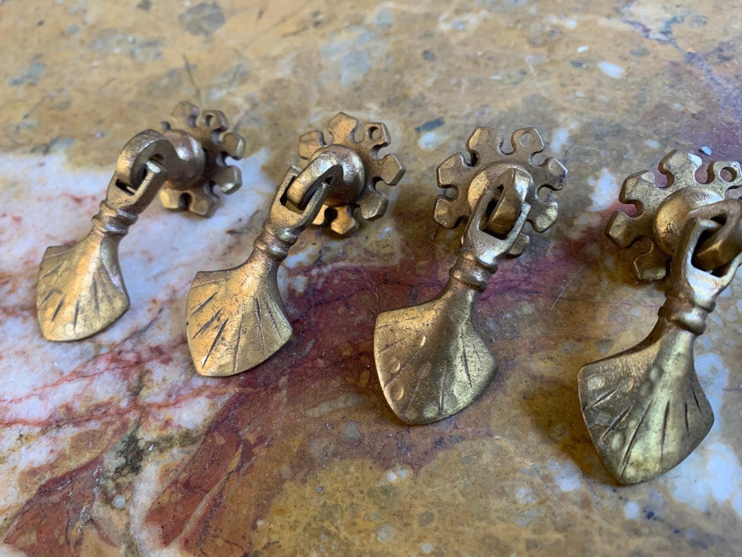 Vintage Set of Six Hammered Metal Drop Pulls With Backplates, Furniture ...