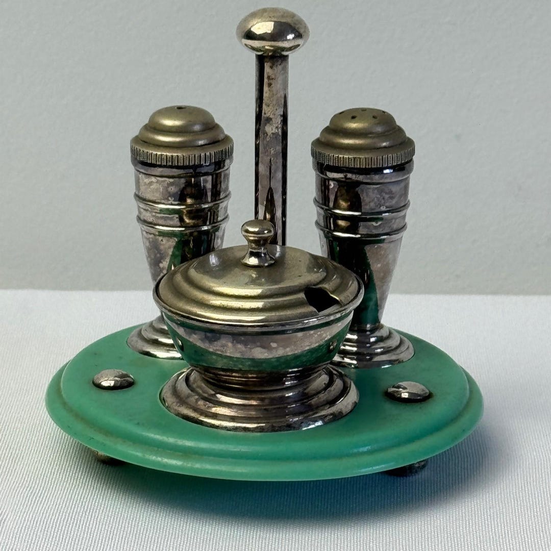 Devon Plate EPNS Condiment Set With Green Bakelite Base – Salt, Pepper ...