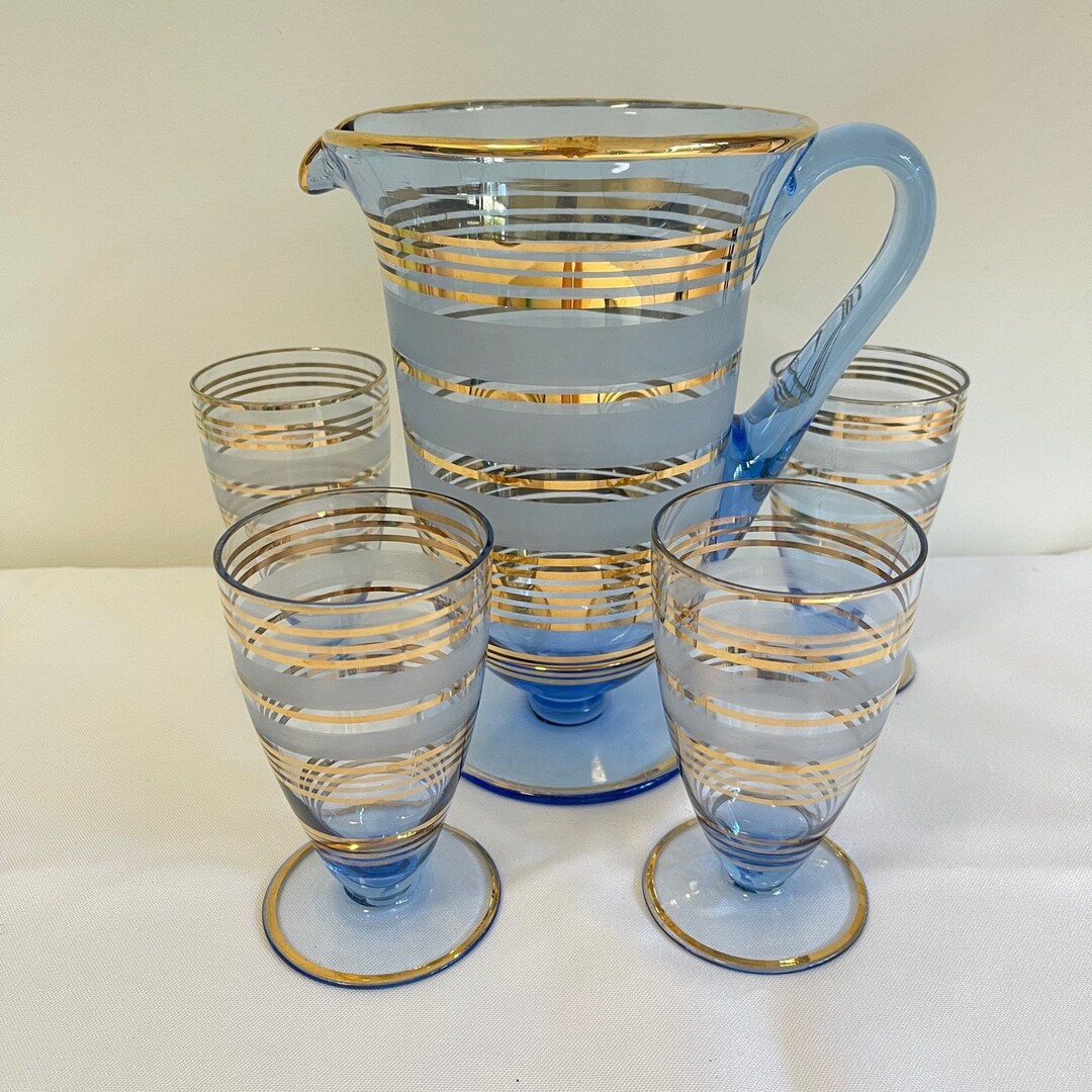 Sky Blue Glass Jug Set-with Gold Rings-four Glasses on Bases - Etsy