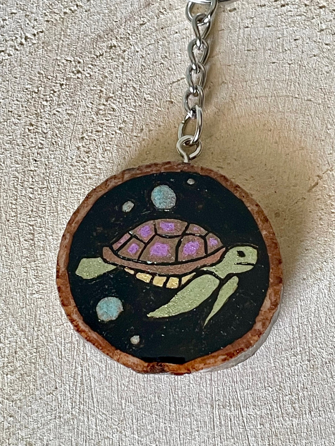 Turtle Hand Painted Wood Burned Natural Wood and Resin Keychain - Etsy