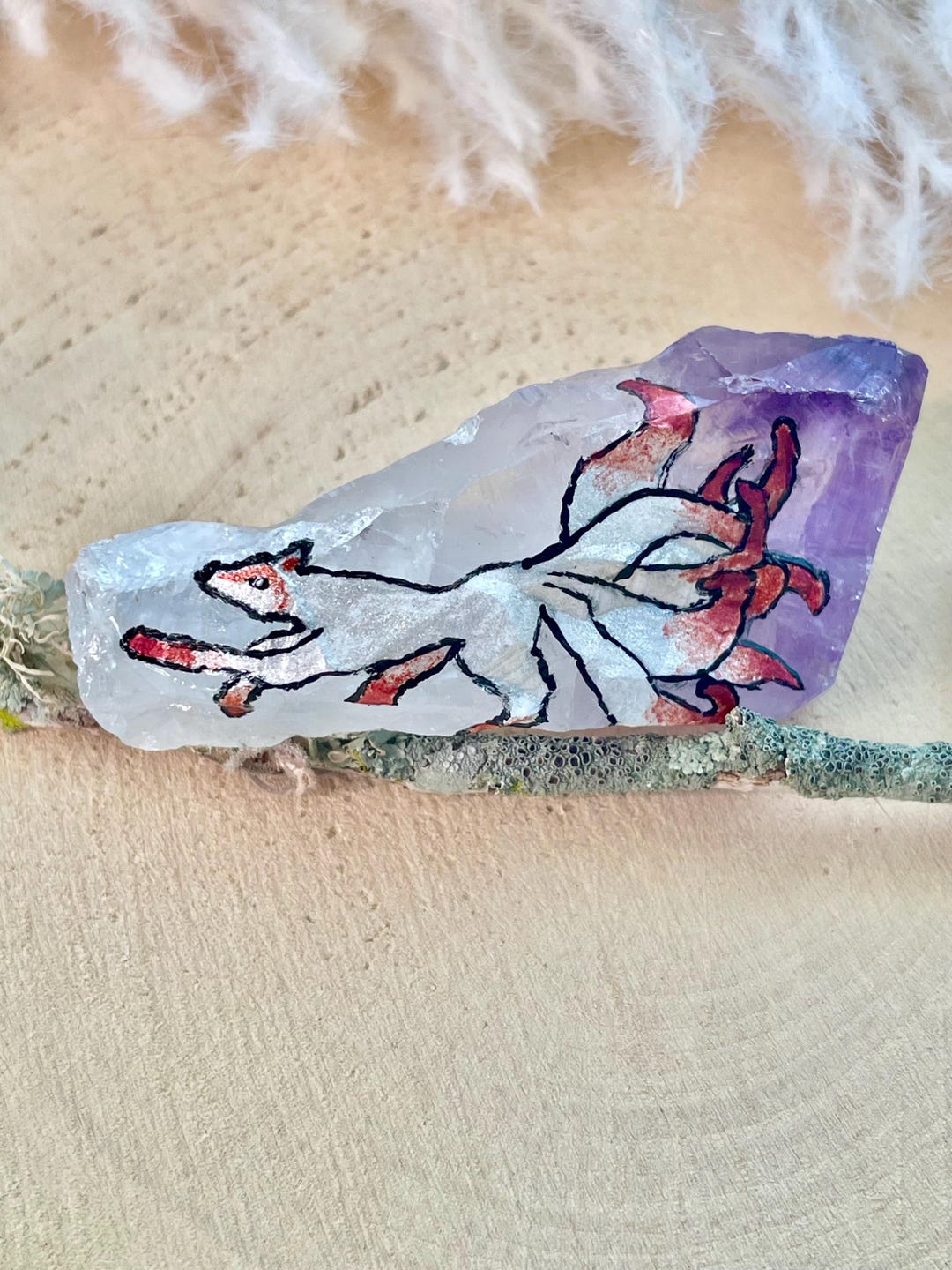 Nine Tailed Kitsune Painted on Raw Amethyst Crystal / Kitsune Art - Etsy