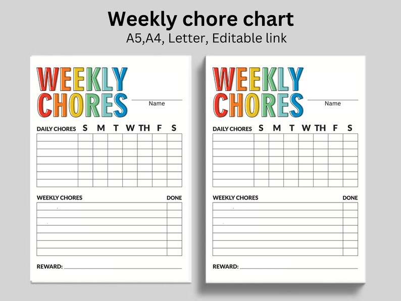 Weekly Chore Chart for Kids, Visual Responsibility Charts, Editable ...