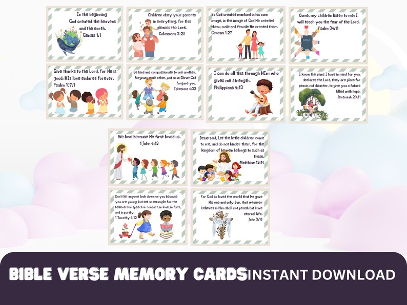 Christian Memory Verse Cards for Kids, Bible Verse Cards for Kids ...