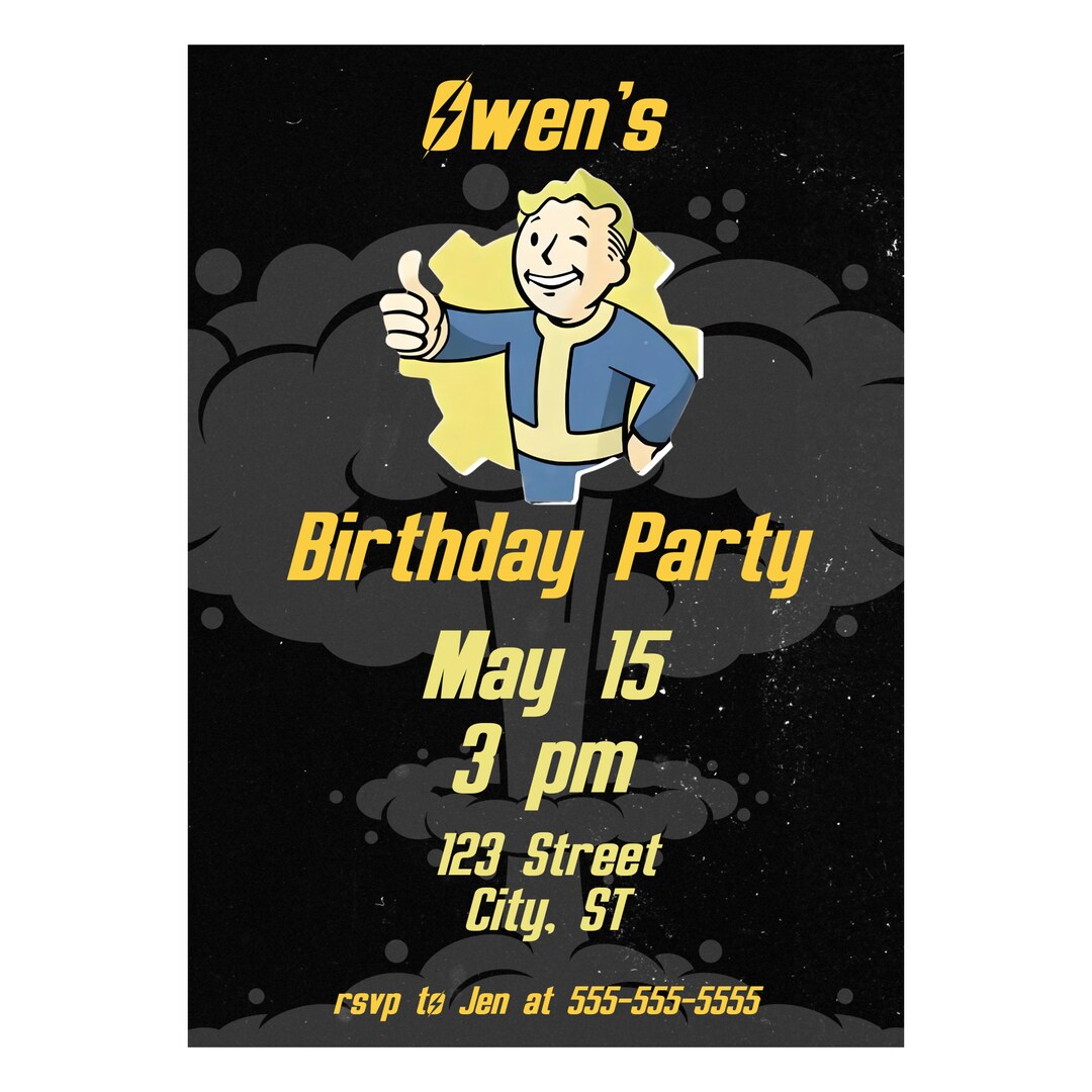 Vault Boy Fallout Birthday Invitation Editable Template Gaming Nuclear ...