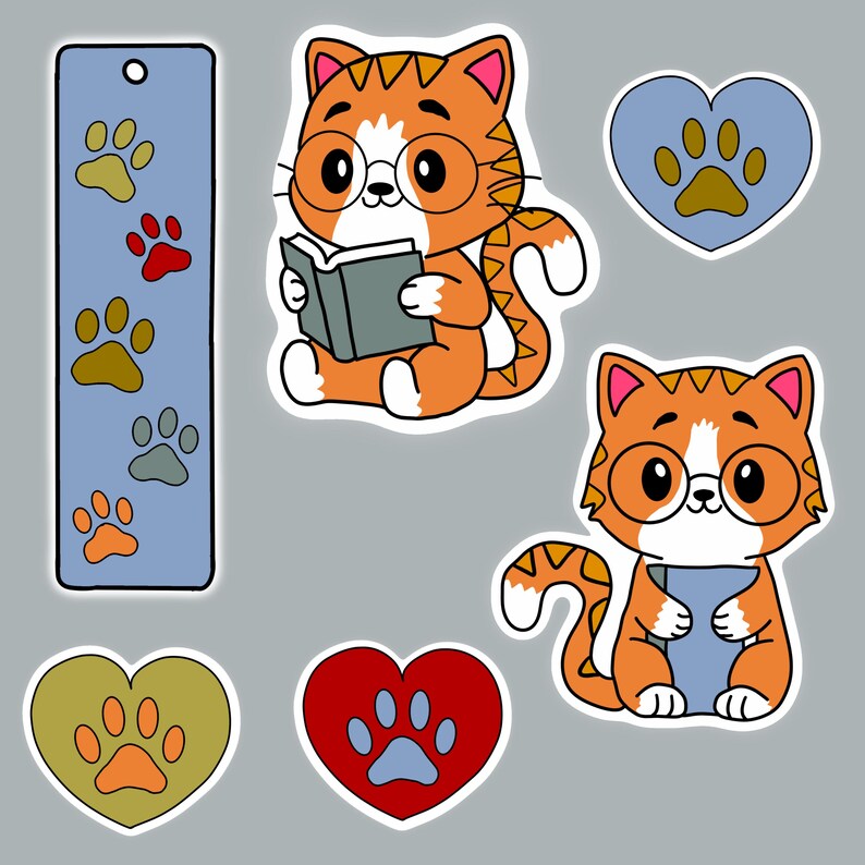 Printable Bookish Cat Sticker Sheet | 6 Cute Cat Stickers | Transparent ...