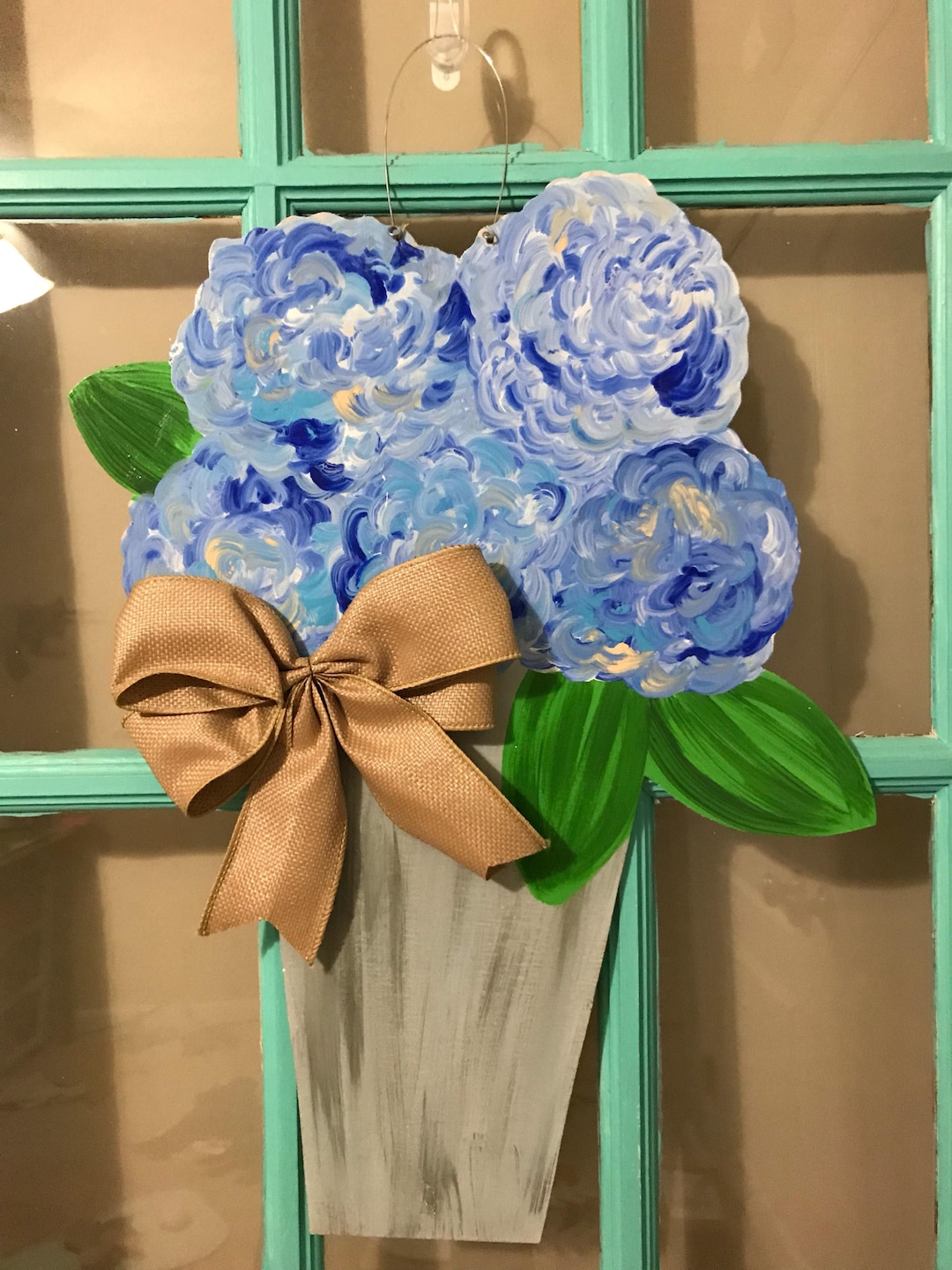 Door Hanger / Blue Hydrangea Flower Pot Wooden Door Hanger - Spring ...