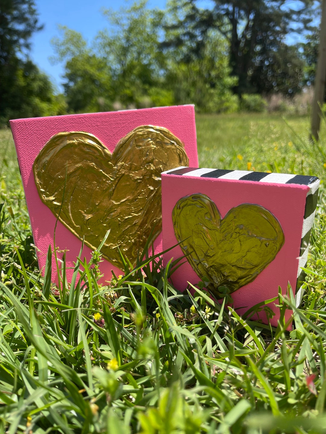 Ready to Ship - Canvas / 6x6 Hand Painted - Gold Heart - Hot Pink ...