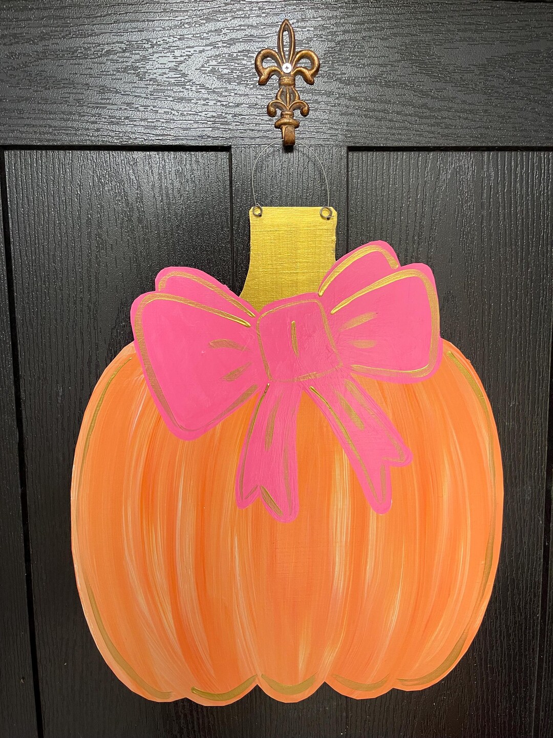 Door Hanger / Pink Bow Orange Fall Pumpkin Wooden Door Hanger - Pink ...