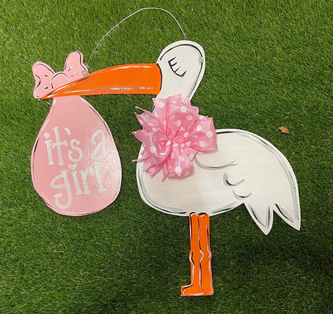 Its A Girl Pink Stork Bird Wooden Door Hanger - Etsy