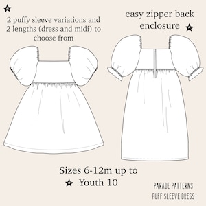 PUFF SLEEVE DRESS Pdf Sewing Pattern/a0 | Video Tutorial | Dress Length ...