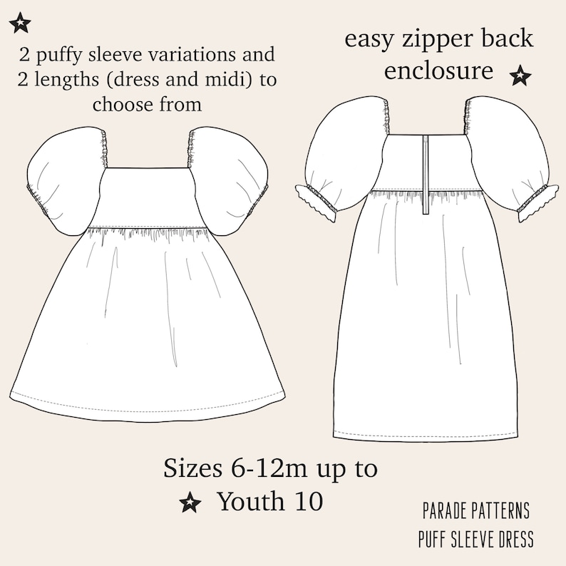 PUFF SLEEVE DRESS Pdf Sewing Pattern/a0 | Video Tutorial | Dress Length ...