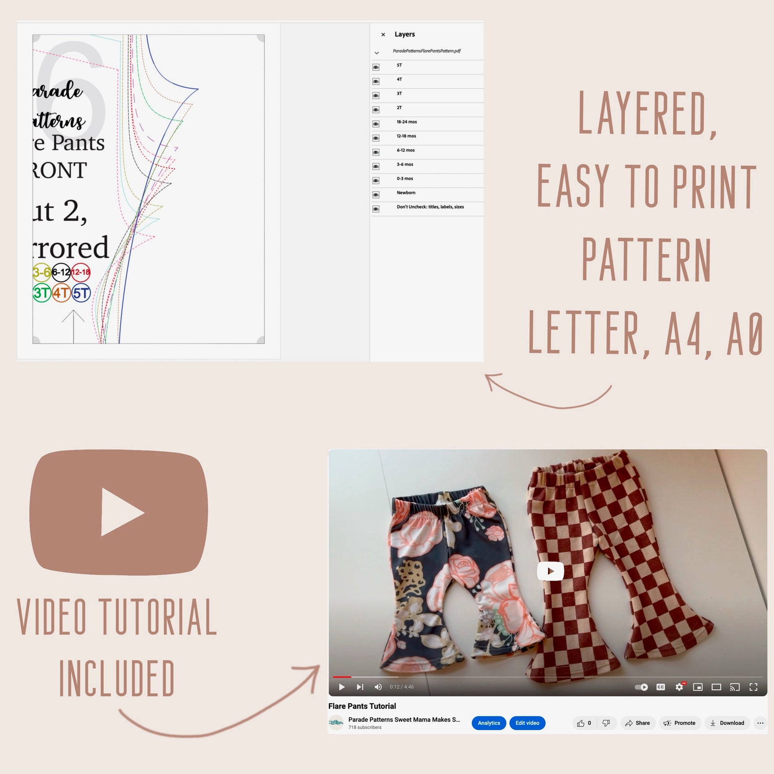 FLARE PANTS Pdf Sewing Pattern/a0 | Video Tutorial | Bell Bottom Pants ...