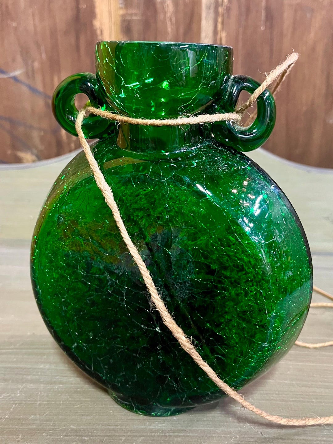 Emerald Green Crackle Glass Art Glass Bulb Forcing Vase Applied Handles ...