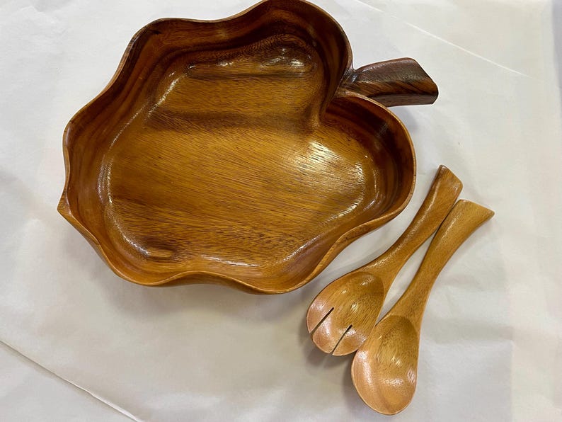 Blair Honolulu Large Koa Wood Leaf Shaped Serving Bowl & Utensils - Etsy