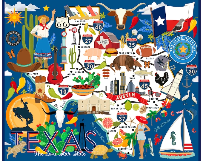 30086-W All Texas Shop Hop PANEL - Texas Map (dark Blue), Finished Size ...