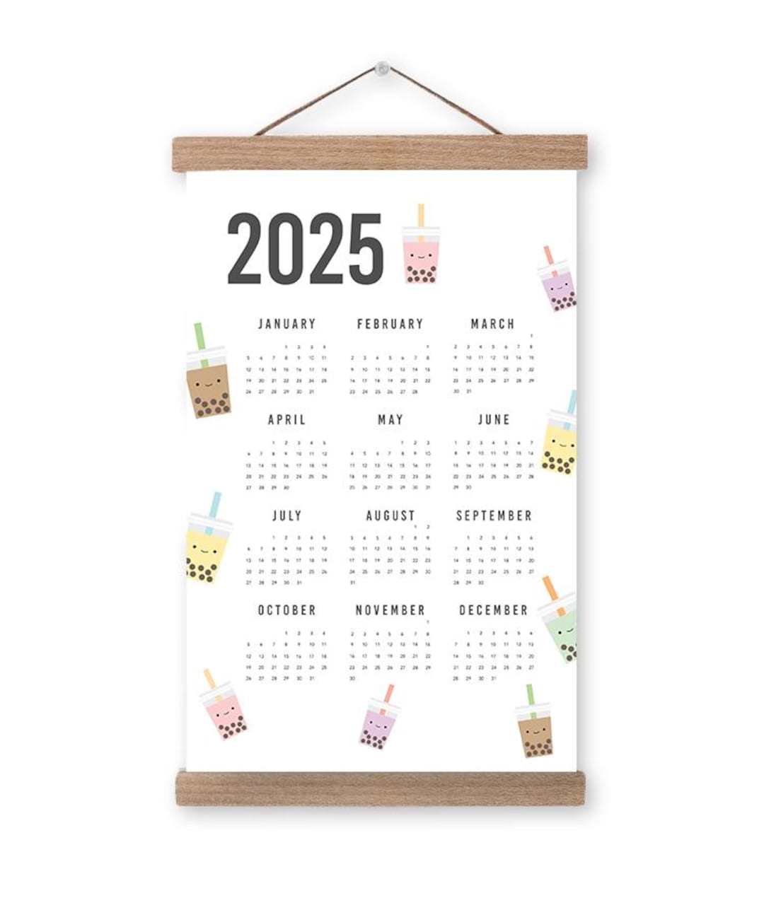 2025 Bubble Tea Wall Calendar With Wooden Frame, 2025 Calendar, Cute ...