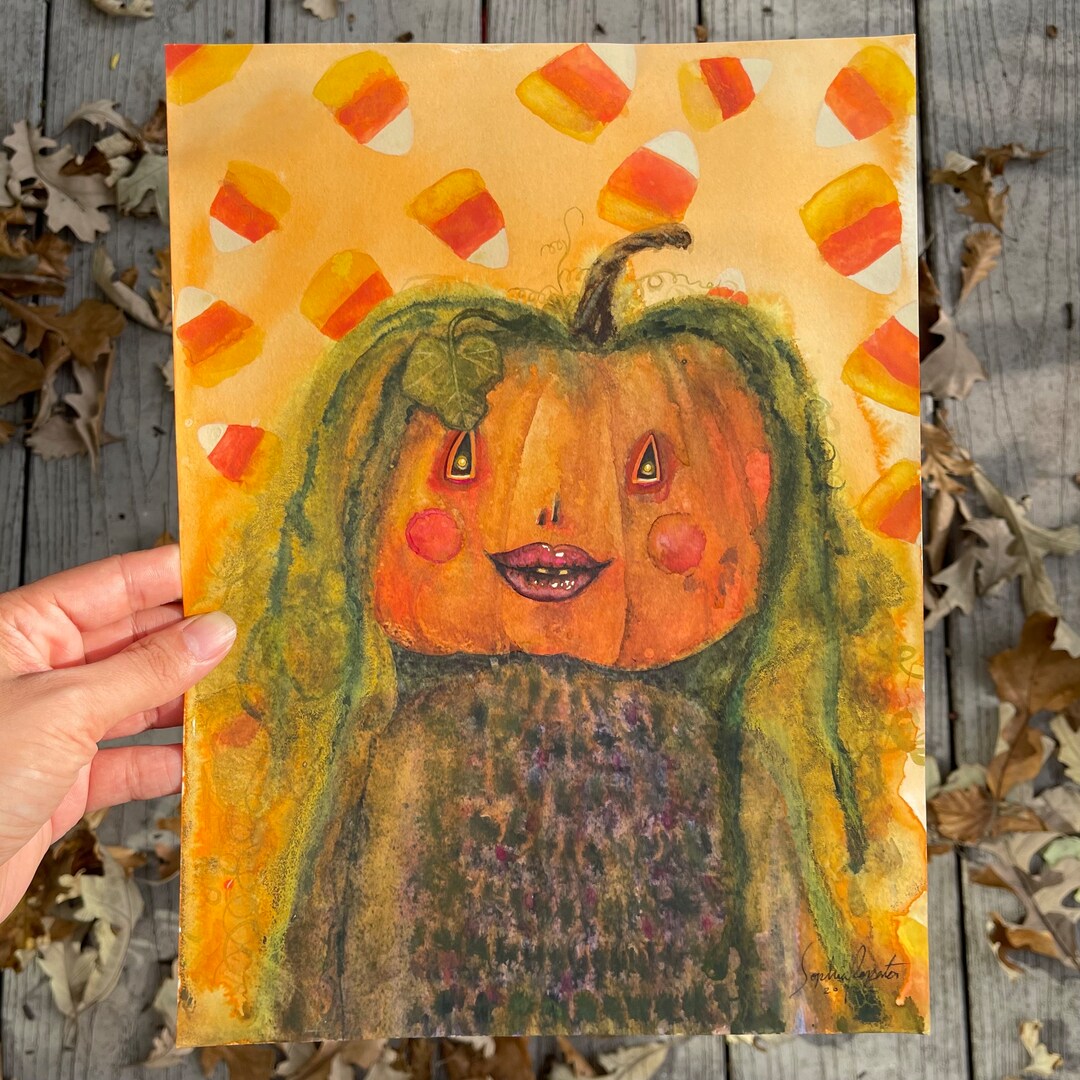 Spicy Old Candy Corn Crazed Pumpkin Lady (original Painting by Sophia ...