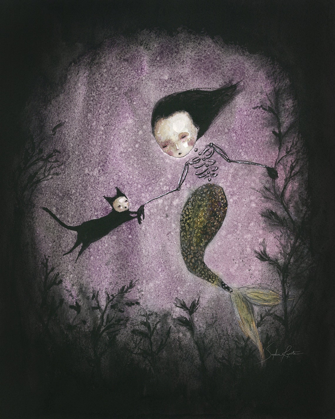 Skeletal Mermaid & Her Cat (print of an Original Painting by Sophia ...