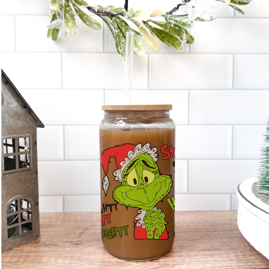 Grinch Christmas Glass Libby Cup With Lid and Straw Holiday Iced Coffee ...