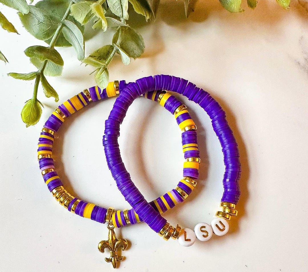 LSU Heishi Bead Bracelet Stack: Purple, Gold, Fleur De Lis - Etsy