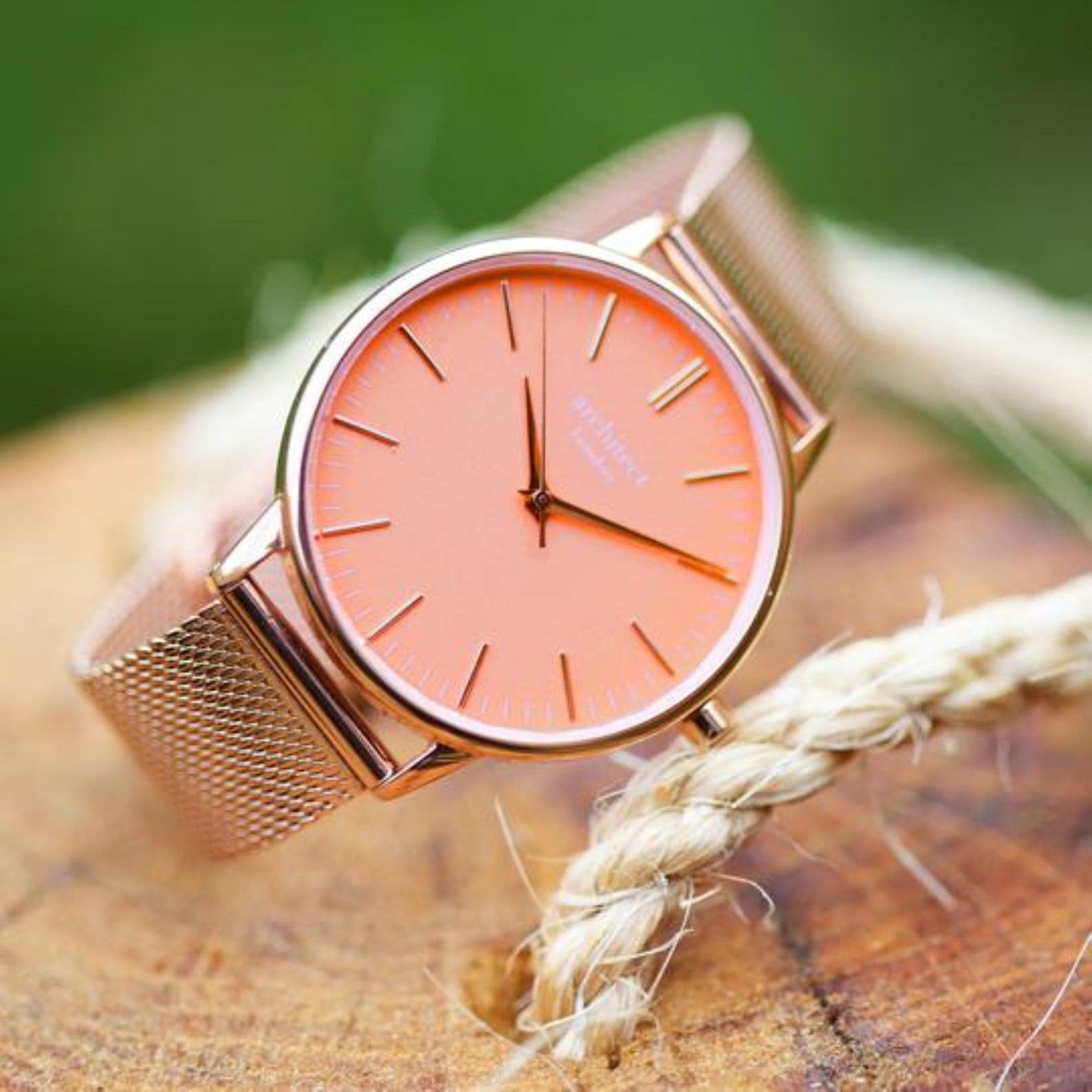 Personalized Minimalist Ladies' Watch, Coral Face, Rose Gold Mesh ...