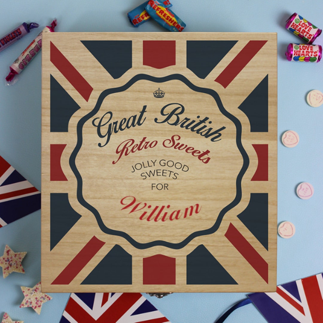 Personalised Union Jack Retro Sweets, British Flag Wooden Box Design ...