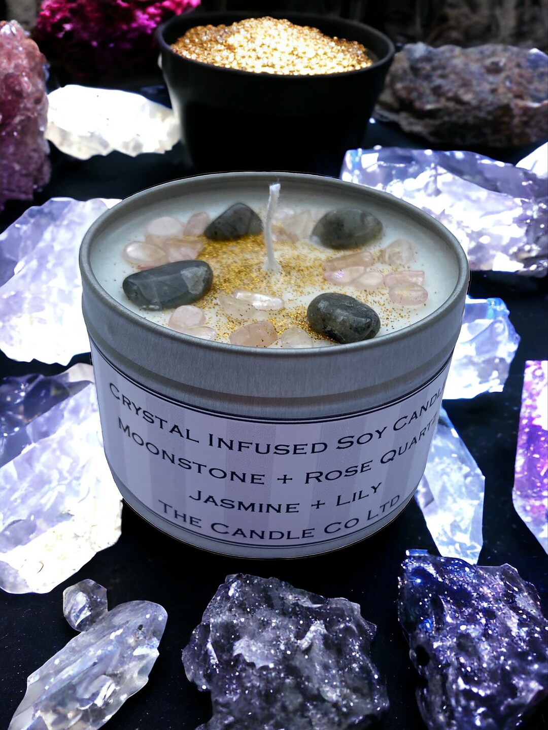 Moonstone Crystal & Rose Quartz Crystal Infused Scented Candle ...