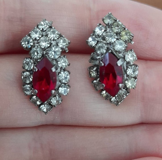 Ruby red crystal / glass and faux diamond clip on ear… - Gem