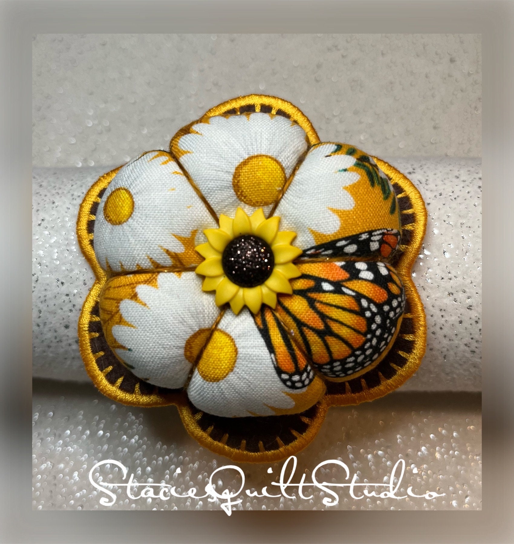 Flower Wrist Pincushion - Butterfly - Monarch - Yellow Orange Pin ...