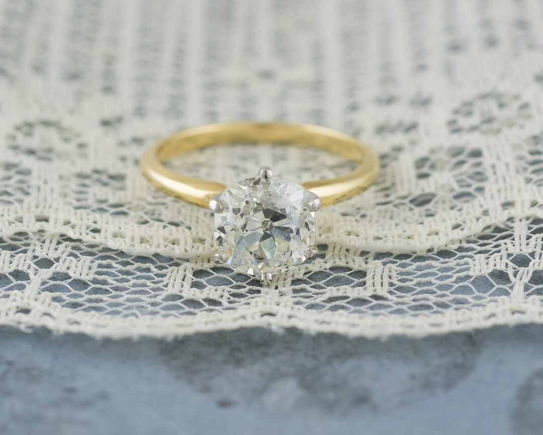 Stunning Old Mine Cut Diamond Solitaire Ring in Platinum and 18k Yellow ...
