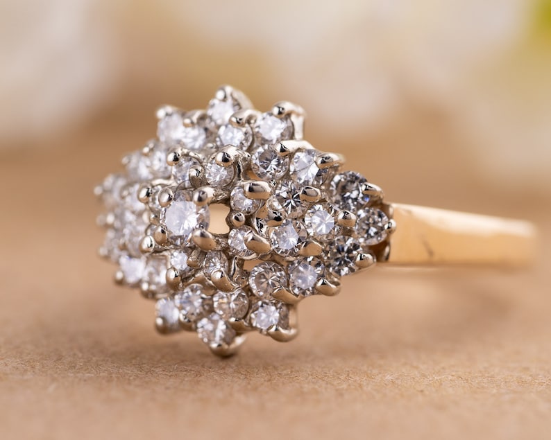 Sparkling Diamond Cluster Ring in 14k Yellow Gold - Floral Design - Art ...