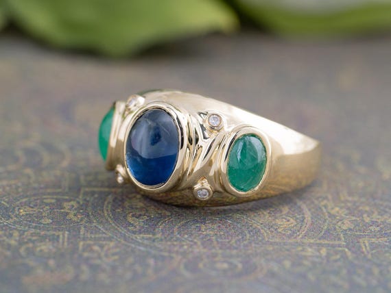 Sapphire and Emerald Cabochon Ring in 14k Yellow Gold… - Gem