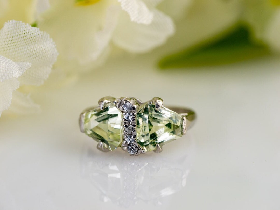Shield Cut Uranium Glass Ring in 10k White Gold With CZ Accents - Glows ...