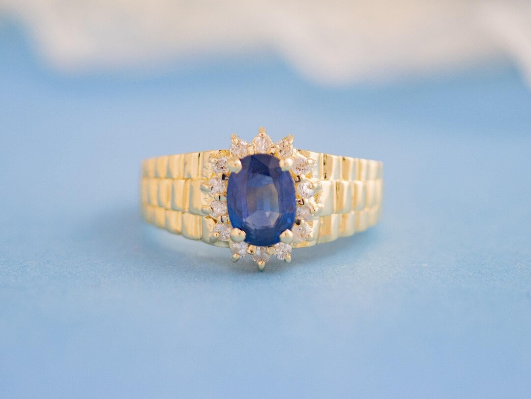 Oval Sapphire With Diamond Halo in 14k Yellow Gold - Gold Jubilee Ring ...