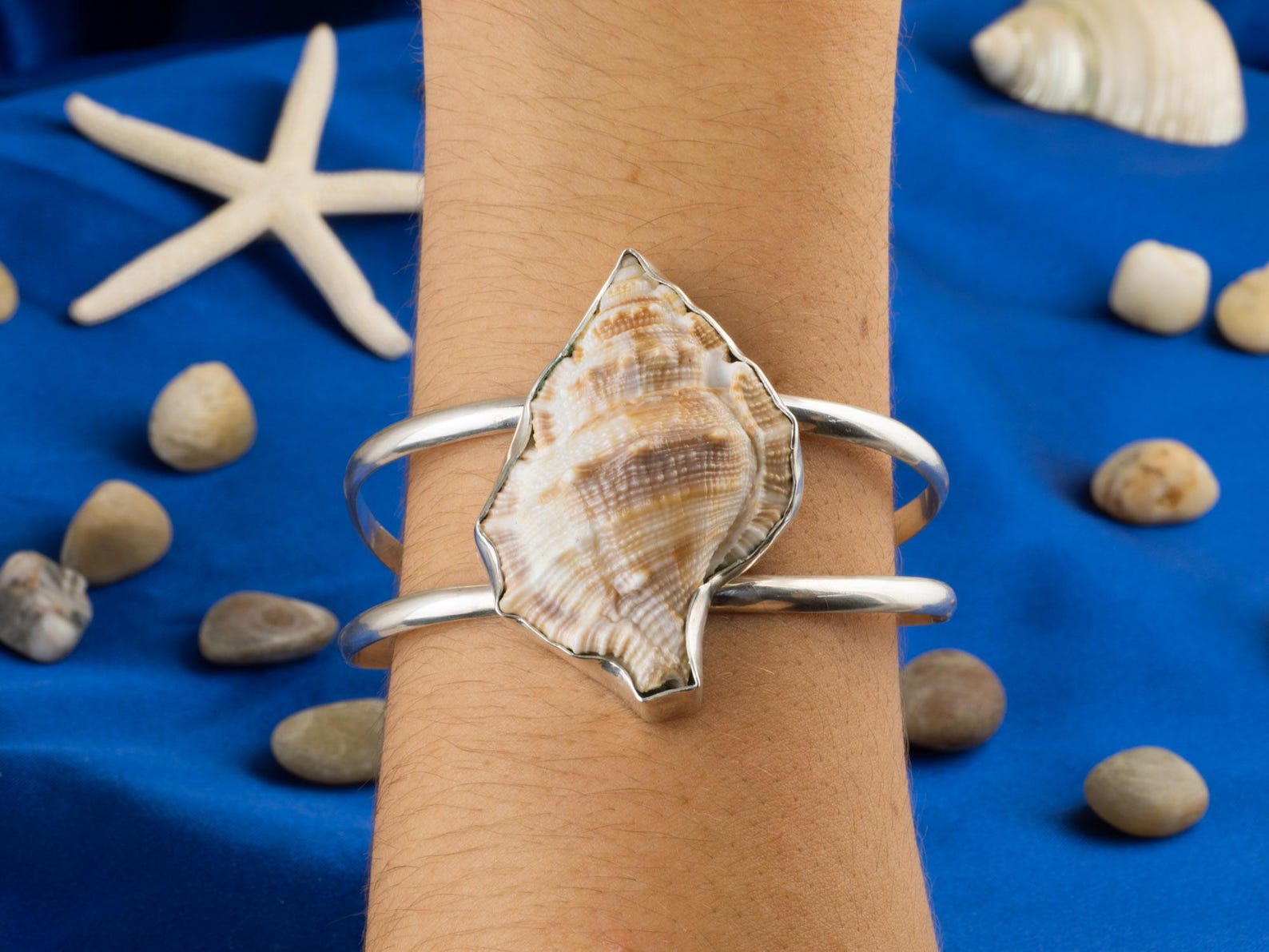 Open Cuff Sea Shell Bracelet in Sterling Silver - Bangle Bracelet ...