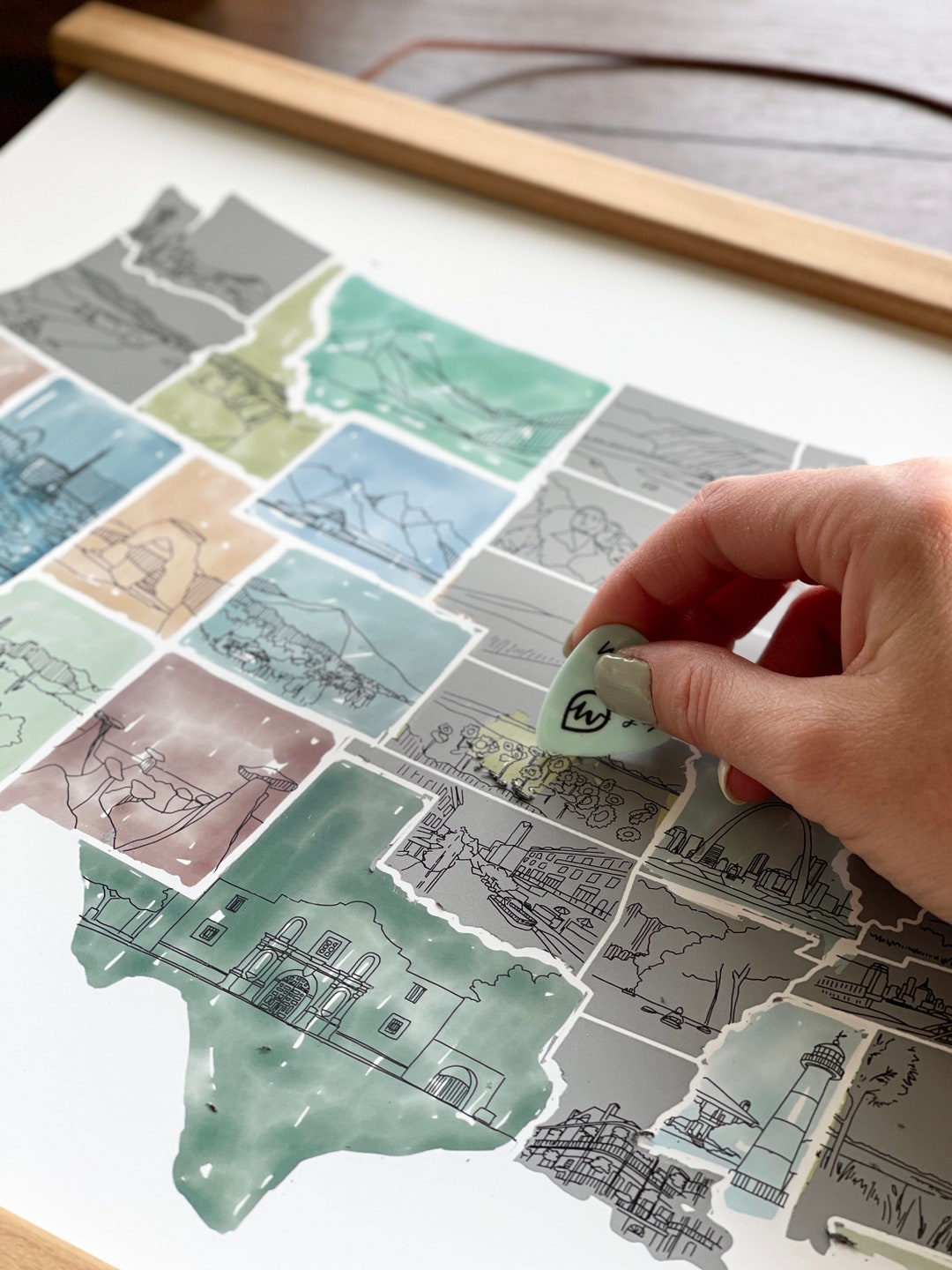 Scratch off US Travel Map | Hand Drawn Landmarks, Teak Frame Option - Etsy