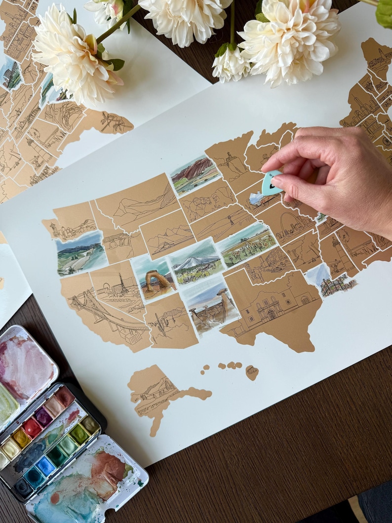 US State Scratch off Map | Illustrated Landmarks Travel Poster | Gifts ...