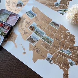 US State Scratch off Map | Illustrated Landmarks Travel Poster | Gifts ...
