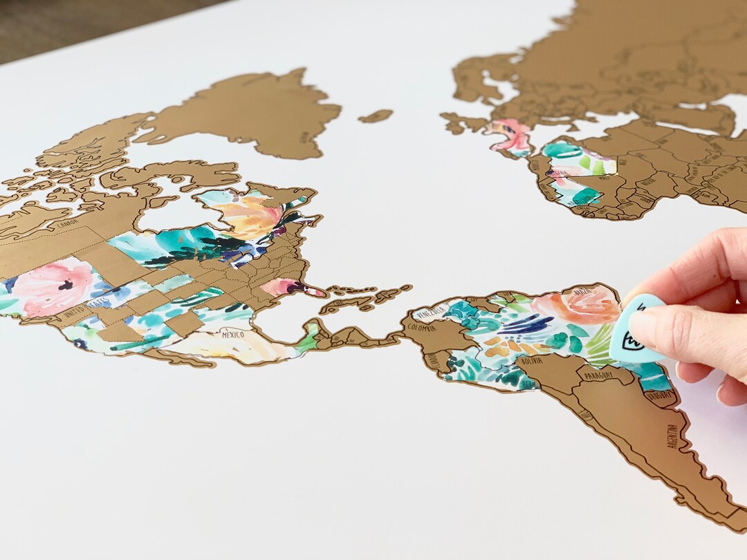 Floral Scratch off World Map – Watercolor Travel Poster (20x30 Inches ...